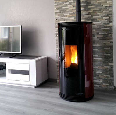 Round-glass fronted pellet stoves.